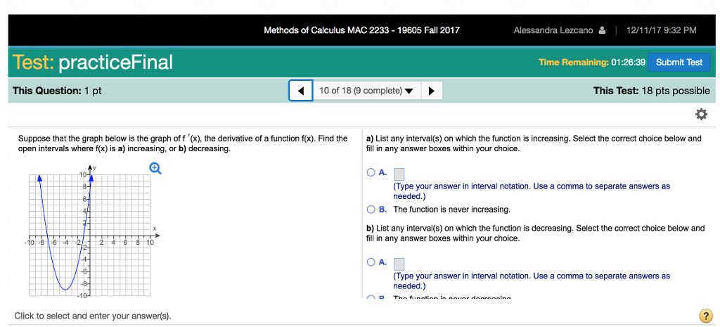 Solved Methods of Calculus MAC 2233-19605 Fall 2017 | Chegg.com