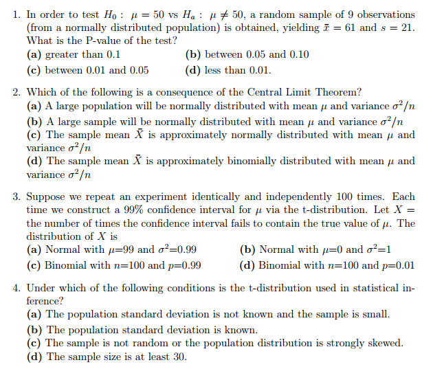 Solved In order to test H_0: mu = 50 vs H_a: mu not equals | Chegg.com