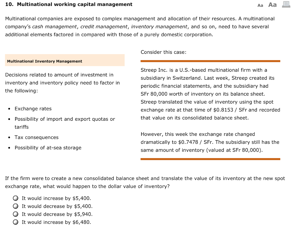 Solved 10. Multinational working capital management | Chegg.com