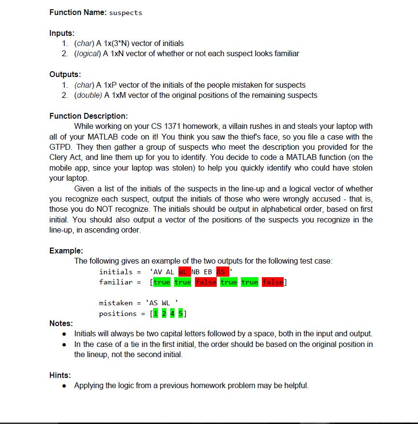 Solved Inputs 1. (char) A 1 times(3*N) vector of initials | Chegg.com
