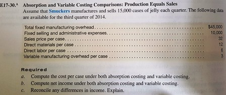 Absorption and Variable Costing Comparisons: | Chegg.com