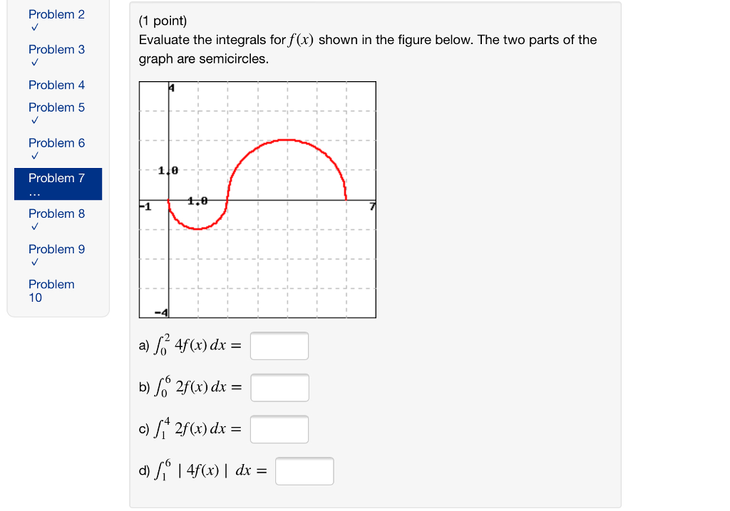 Solved Problem 2 (1 point) Evaluate the integrals for f(x) | Chegg.com Solved Problem 2 (1 point) Evaluate the integrals for f(x) | Chegg.com