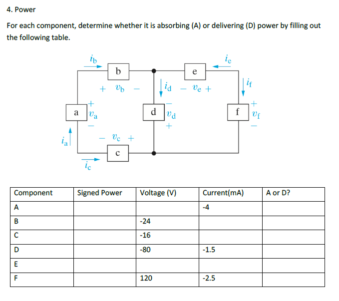 Solved 4. Power For each component, determine whether it is | Chegg.com
