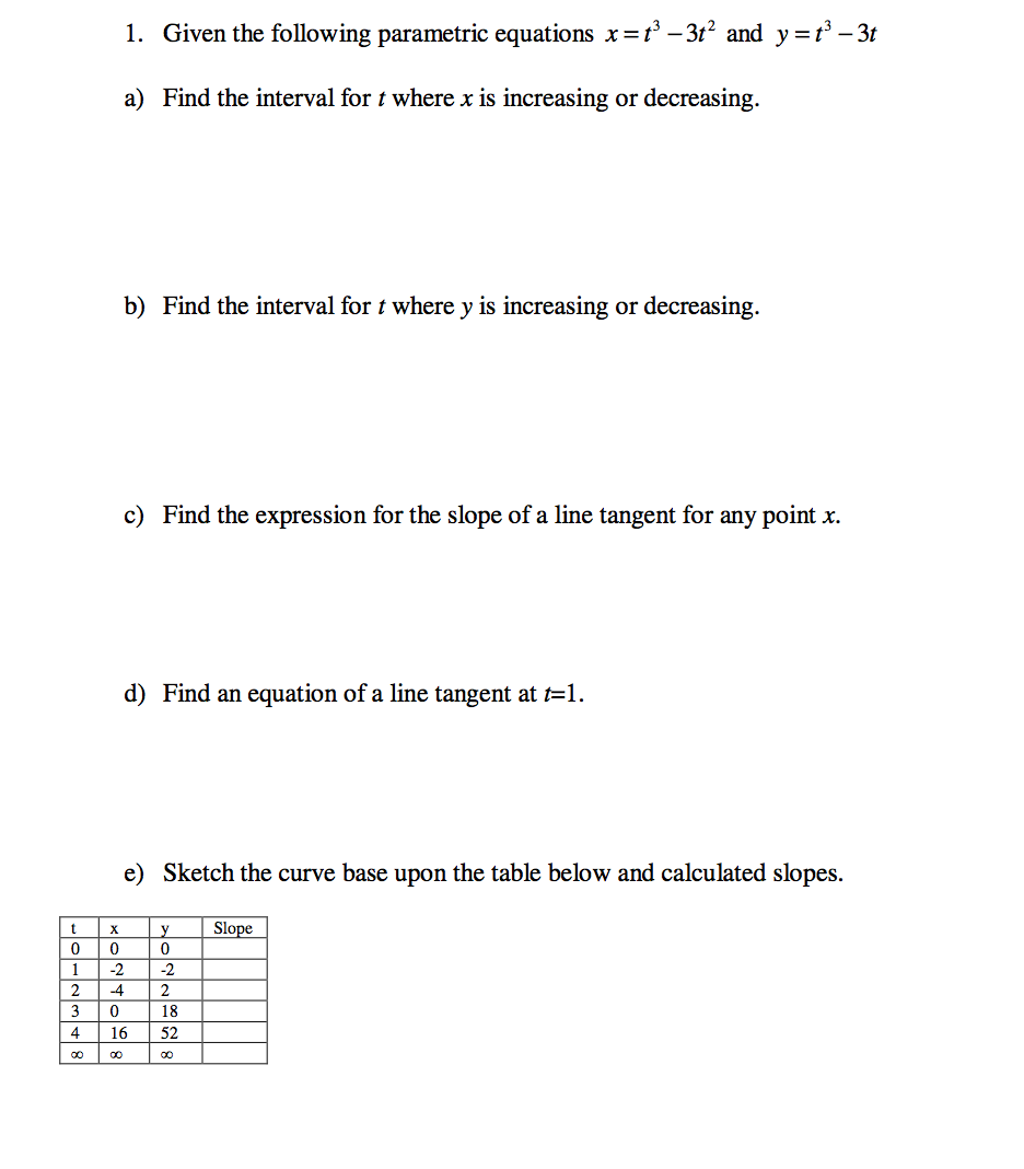 Solved Given The Following Parametric Equations X T 3
