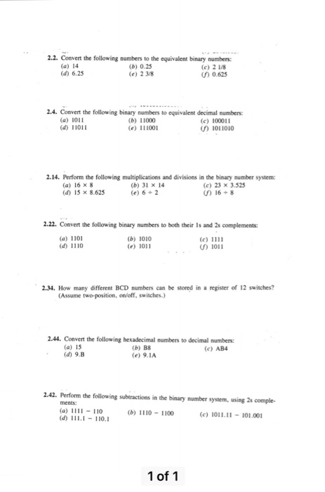 Solved Convert The Following Numbers To The Equivalent 