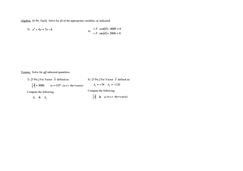 Solved Algebra: Solve for the variables and show work | Chegg.com