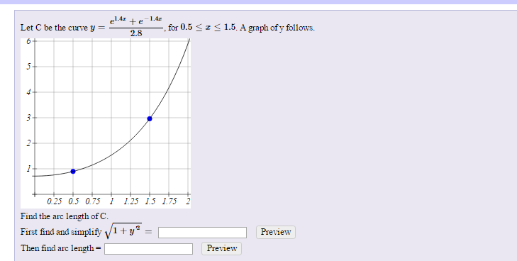 Solved Let C be the curve y = e^1.4x + e^-1.4x/2.8, for 0.5 | Chegg.com