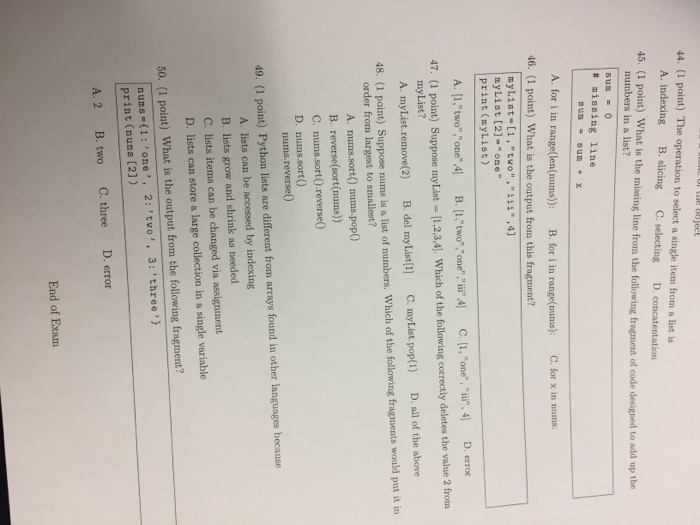 Solved The operation to select a single item from a list is | Chegg.com