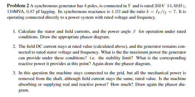 Solved Problem 2 A synchronous generator has 4 poles, is | Chegg.com
