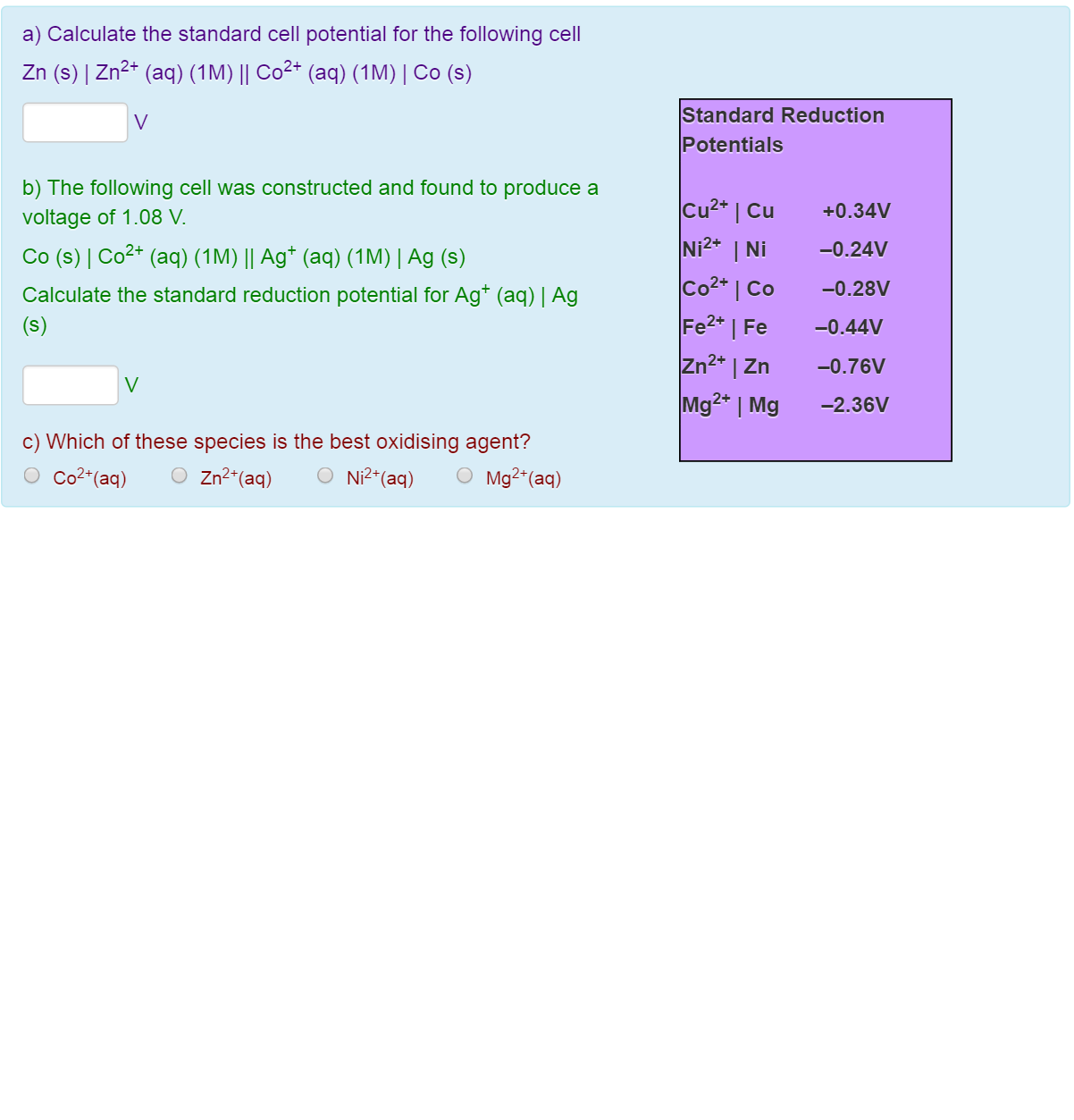 Solved Calculate the standard cell potential for the | Chegg.com