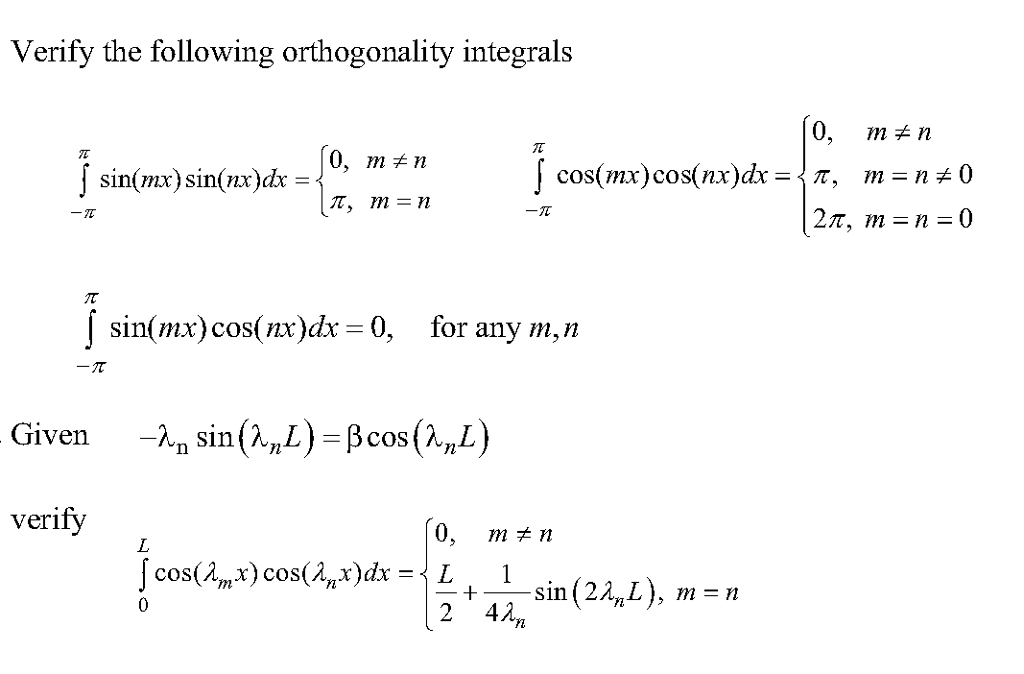 Solved Verify the following orthogonality integrals TL T. | Chegg.com Solved Verify the following orthogonality integrals TL T. | Chegg.com