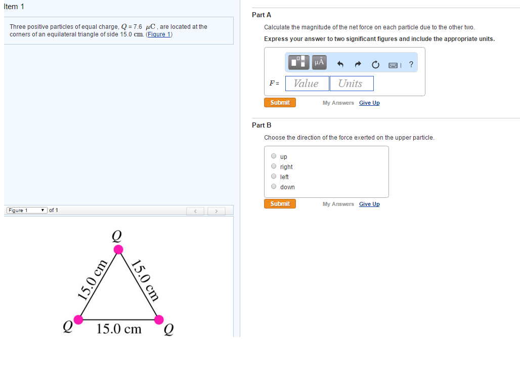 Solved Three positive particles of equal charge, Q = 7.6 mu | Chegg.com