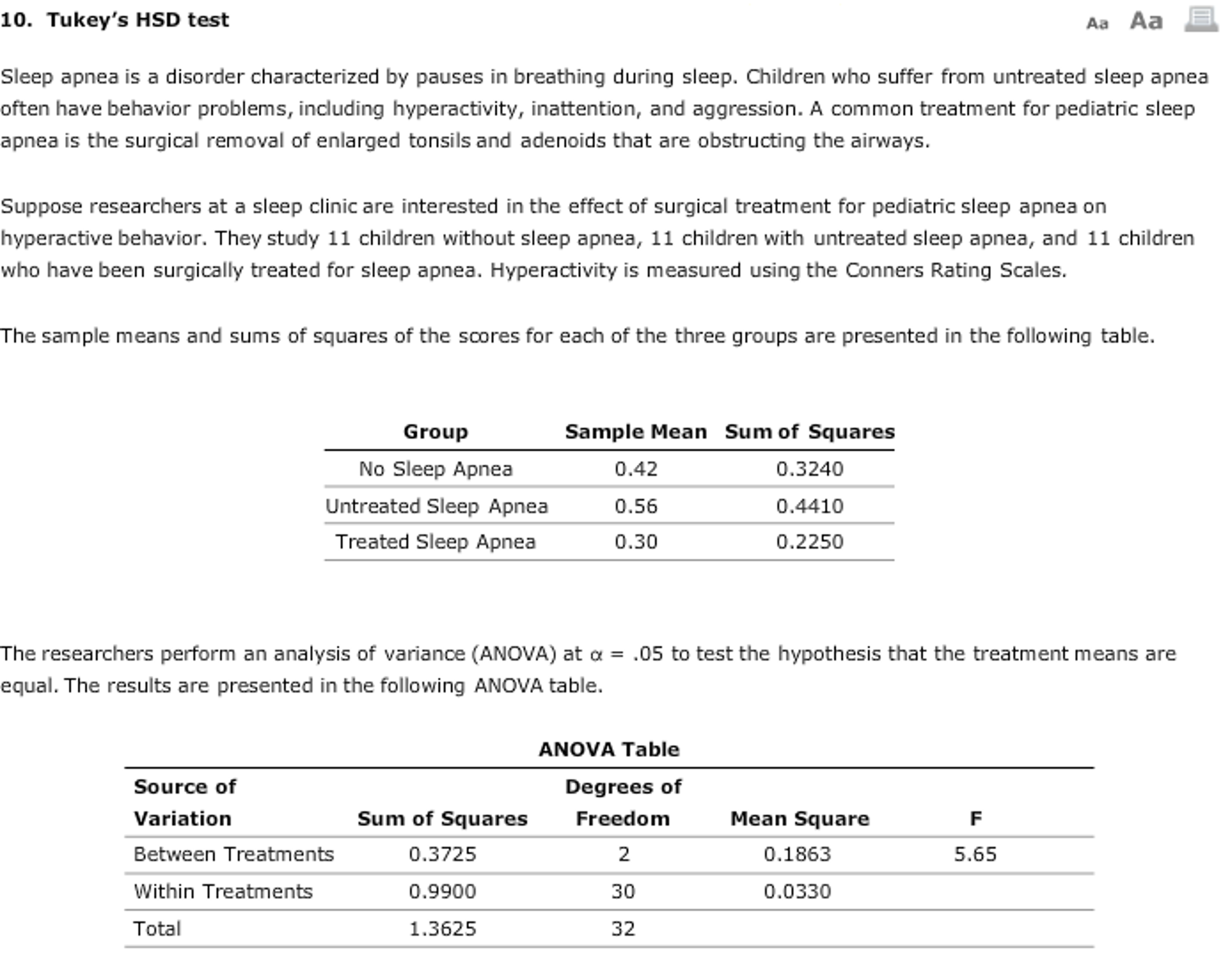 Solved Alan Aa 10. Tukey's HSD test Sleep apnea is a | Chegg.com