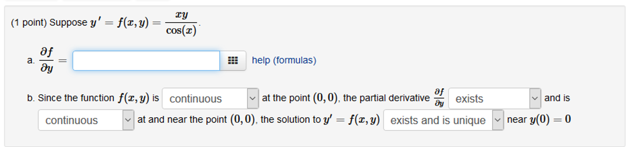 Solved Suppose y ' = f(x, y) = xy/cos(x) partial | Chegg.com