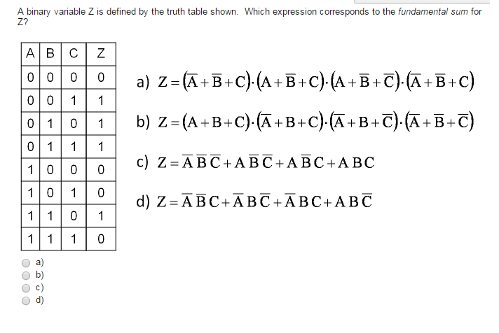 Solved A binary variable Z is defined by the truth table | Chegg.com