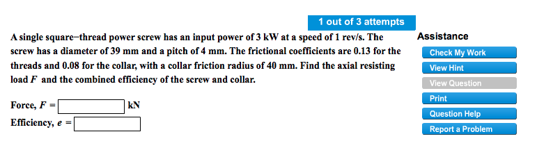 Solved A single square-thread power screw has an input power | Chegg.com