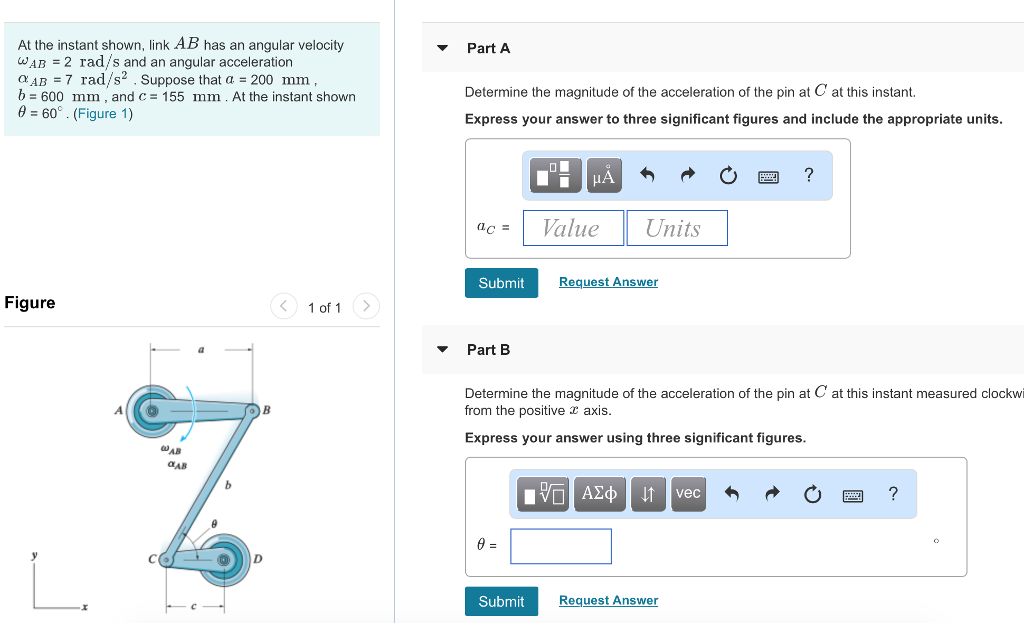 Solved At the instant shown, link AB has an angular velocity | Chegg.com