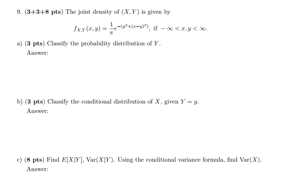 Solved 9. (3+3+8 pts) The joint density of (X, Y) is given | Chegg.com