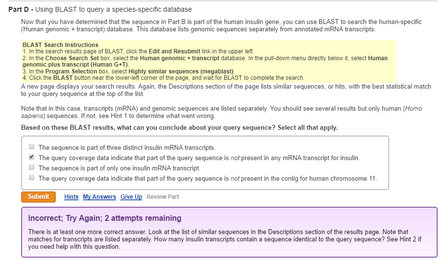 Solved Part D Using BLAST to query a species-specific | Chegg.com