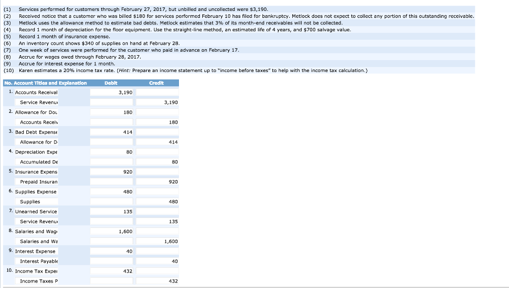 Solved (1) Services performed for customers through February | Chegg.com