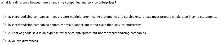 Solved What is a difference between merchandising companies | Chegg.com
