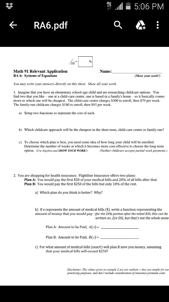 Solved 5:06 PM RA6.pdf 10 Name: Math 91 Relevant Application | Chegg.com