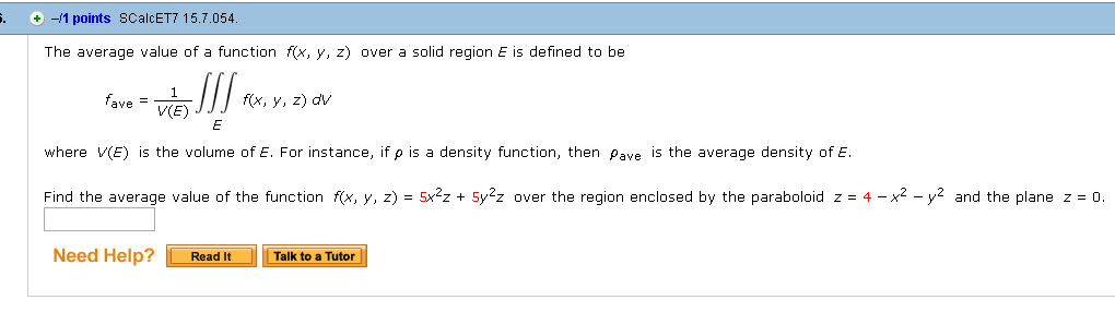 Solved The average value of a function f(x, y, z) over a | Chegg.com
