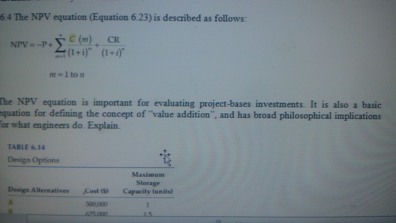 Solved 64 The NPV equation (Equation 6.23) is described as | Chegg.com