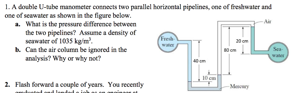 Solved A double U-tube manometer connects two parallel | Chegg.com