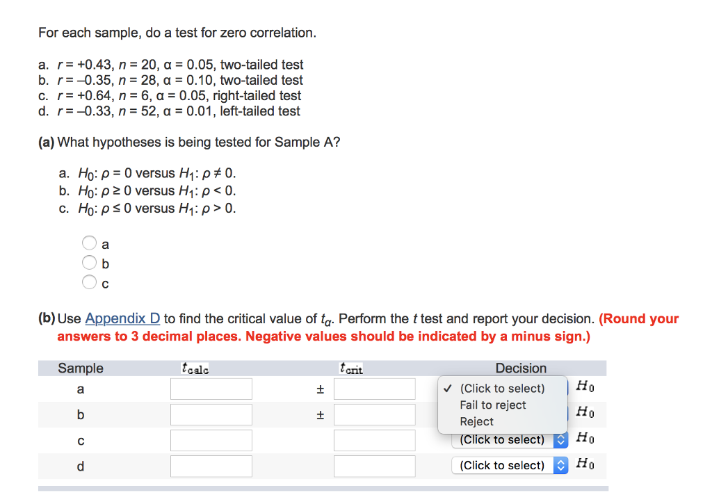 Solved For each sample, do a test for zero correlation a, r= | Chegg.com