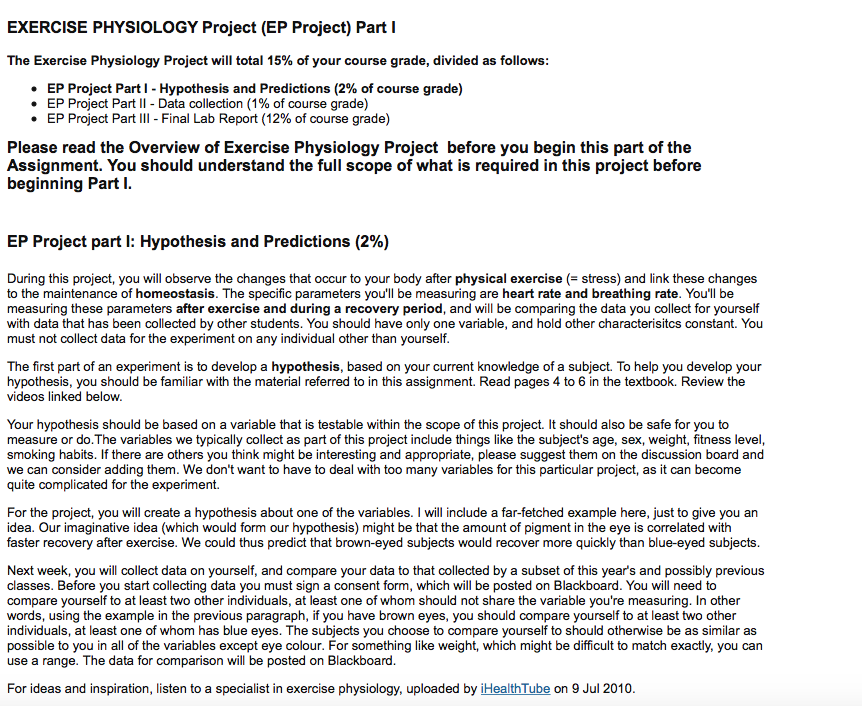 Solved EXERCISE PHYSIOLOGY Project (EP Project) Part I The | Chegg.com