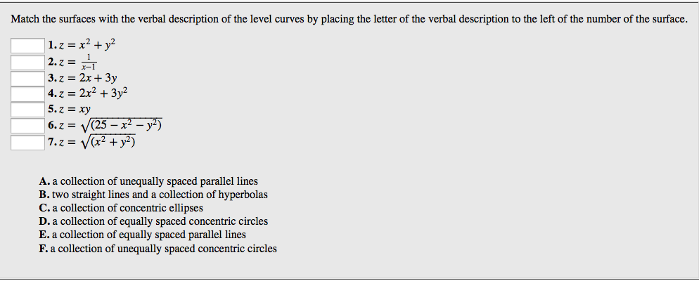 Solved Match The Surfaces With The Verbal Description Of The