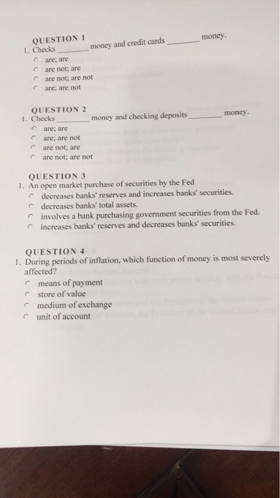 Solved QUESTION 1 1. Checks money and credit cardsmoney. | Chegg.com