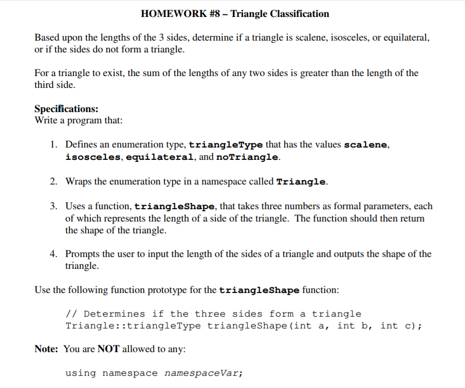 Solved HOMEWORK #8-Triangle Classification Based upon the | Chegg.com