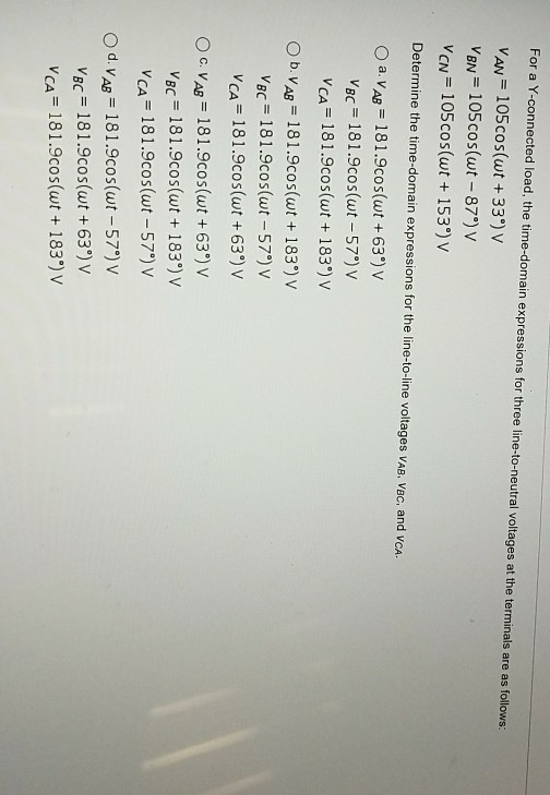 Solved For a Y-connected load, the time-domain expressions | Chegg.com