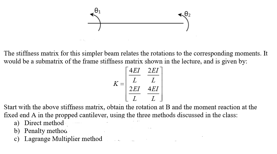 Solved 2 . The stiffness matrix for this simpler beam | Chegg.com