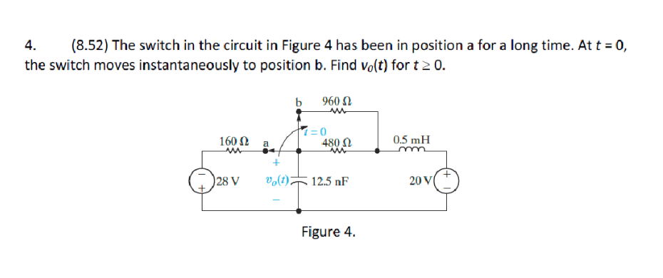 Solved 4. (8.52) The switch in the circuit in Figure 4 has | Chegg.com