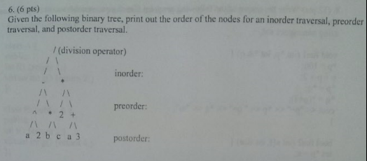 Solved 6. (6 pts) Given the following binary tree, print out | Chegg.com