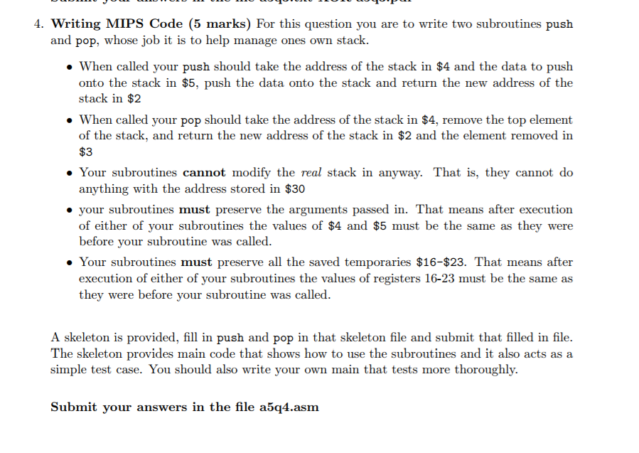 4. Writing MIPS Code (5 marks) For this question you | Chegg.com