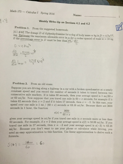 Solved Math 171 -Calculus I Spring 2016 Name Weekly Write-Up | Chegg.com