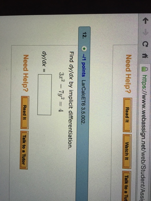 Solved Find dy/dx by implicit differentiation. 3x^2-7y^2=4 | Chegg.com