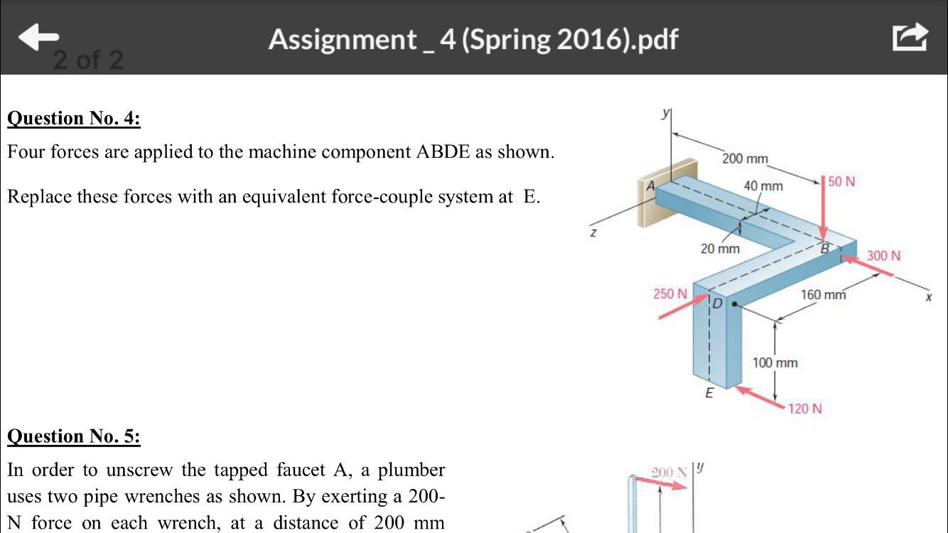 Solved Four forces are applied to the machine component ABDE | Chegg.com