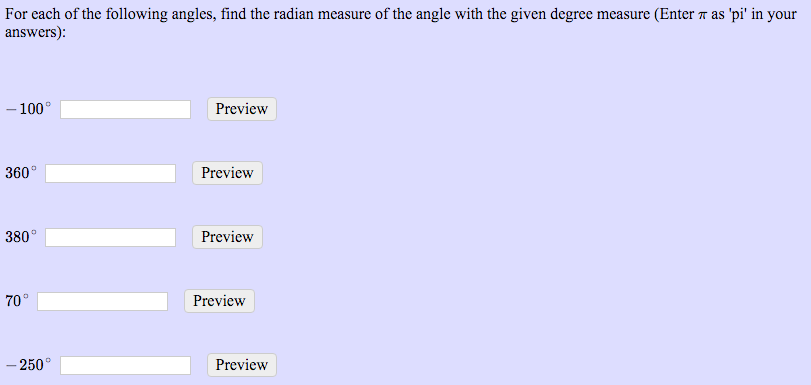 Solved For each of the following angles, find the radian | Chegg.com