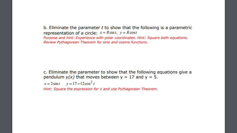 Solved Eliminate the parameter t to show that the following | Chegg.com