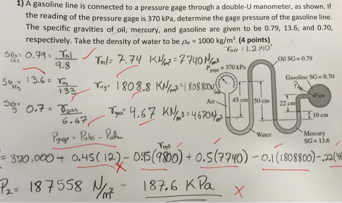 Solved A gasoline line is connected to a pressure gage | Chegg.com