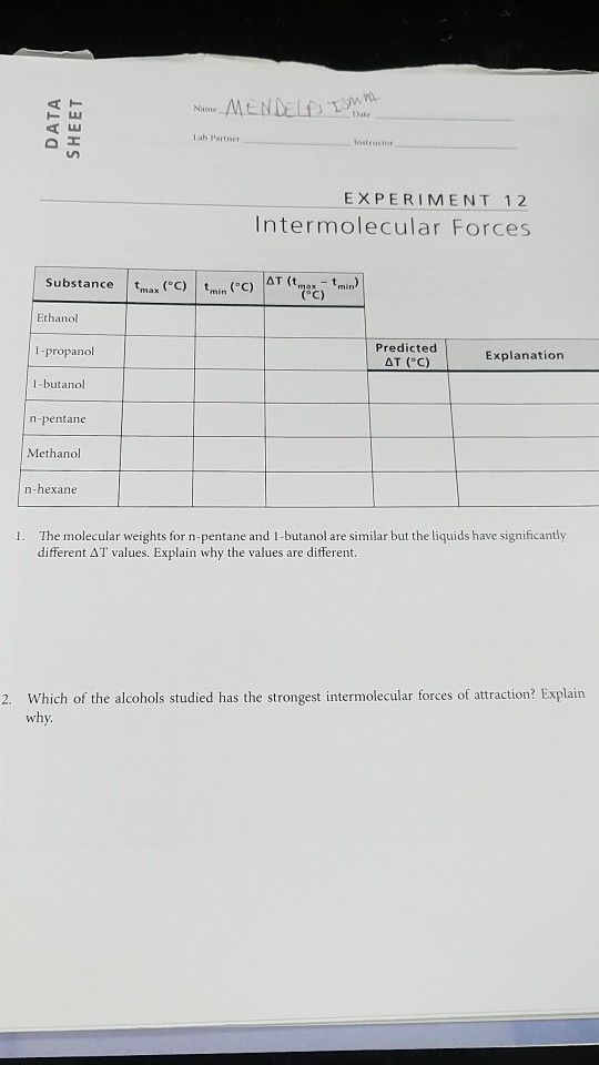 Solved Date Lab Partner EXPERIMENT 12 Intermolecular Forces | Chegg.com