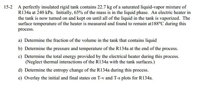 A perfectly insulated rigid tank contains 22.7 kg of | Chegg.com