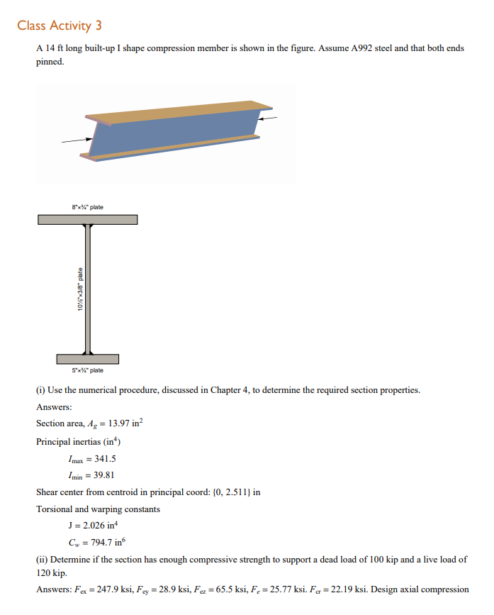 Solved Class Activity 3 A 14 ft long built-up I shape | Chegg.com
