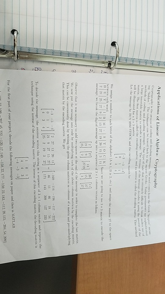 Applications of Linear Algebra: Cryptography | Chegg.com