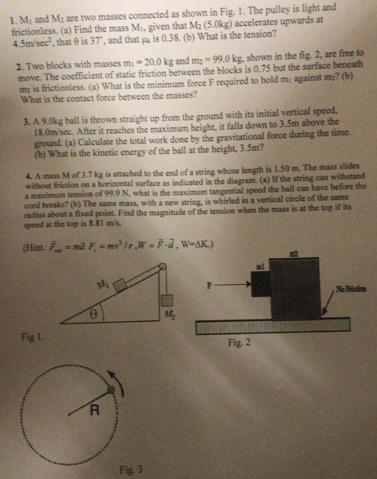 Solved 1 Mi And M Are Two Masses Connected As Shown In Fig